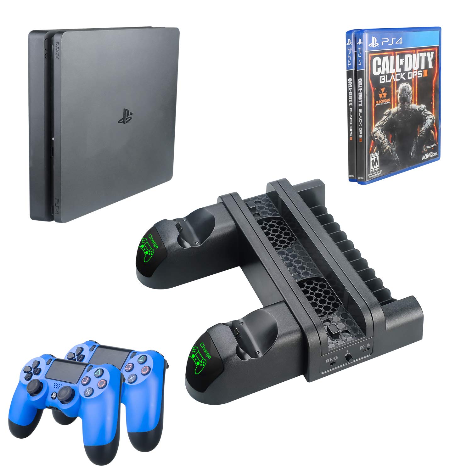 VSEER PS4 Stand Cooling Fan Station for PS4/PS4 Slim/PS4 Pro,PS4 Vertical Charging Station with Dual Controller,PS4 Accessories with Game Storage for PS Consoles