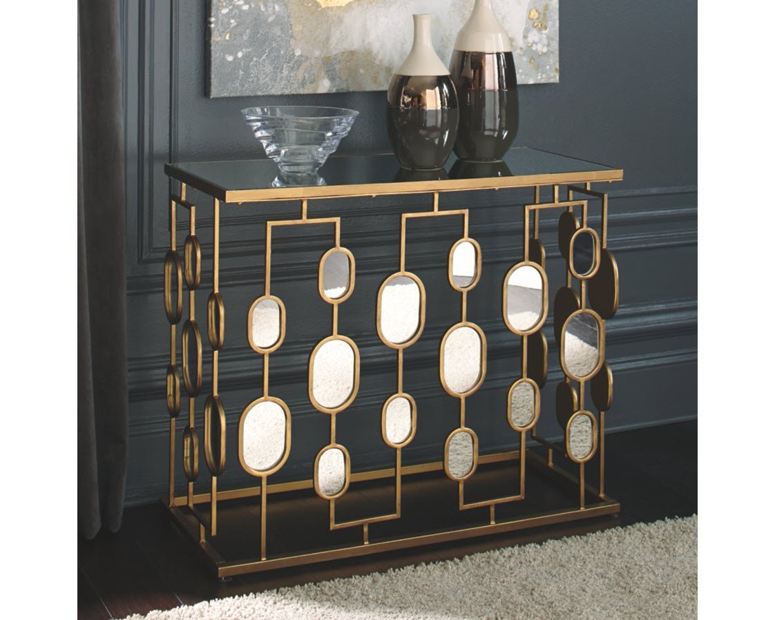 Signature Design by Ashley Majaci Retro Mirrored Glass Top Console Table, Gold Finish