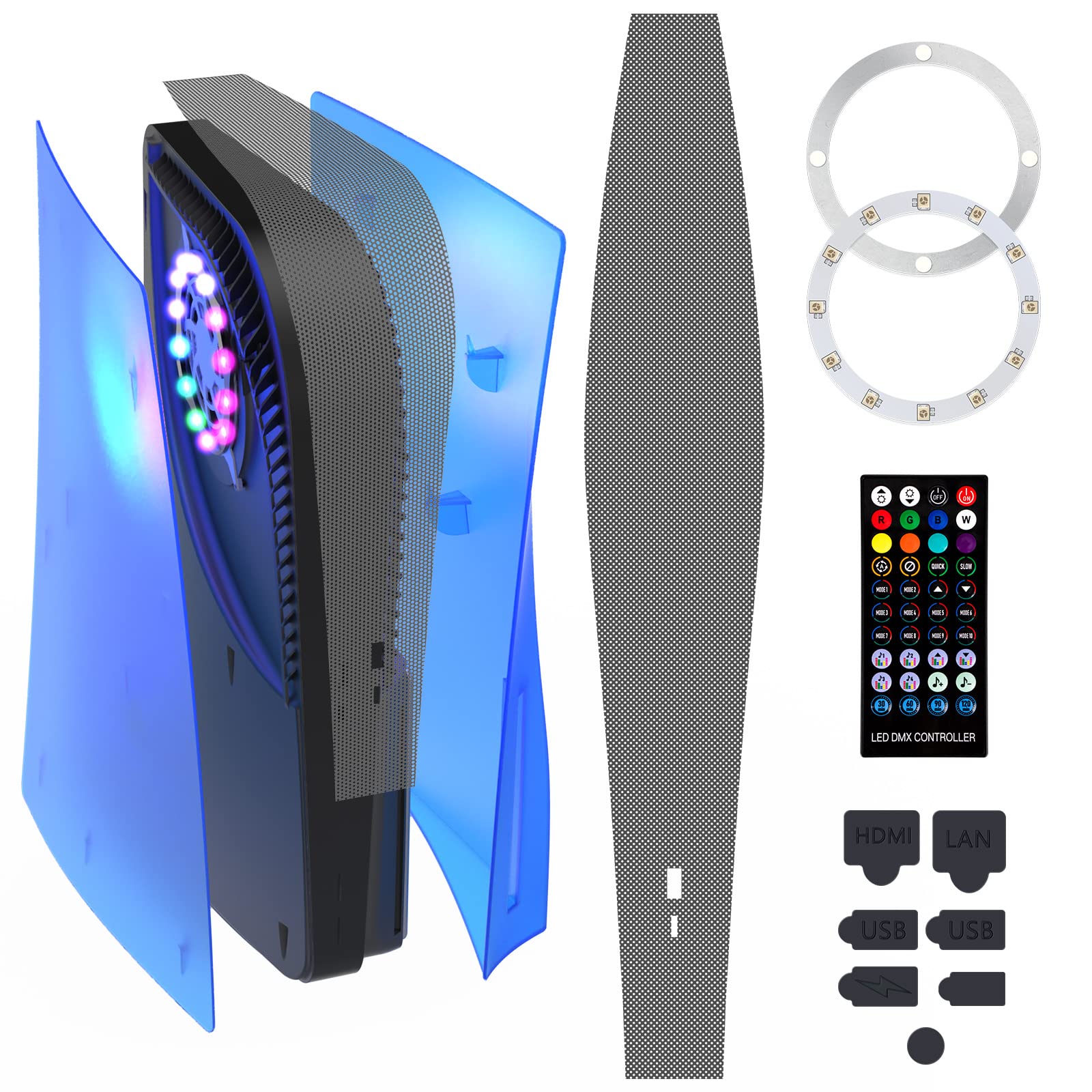 Face Plates for PS 5 Console + RGB LED Light Strip + Dust Cover Net, PS 5 Kit with Transparent Shockproof ABS Shell, Pets Hair Anti-dust Cover, 8 Colors RGB LED Light Ring. (Disc Version Clear Blue)
