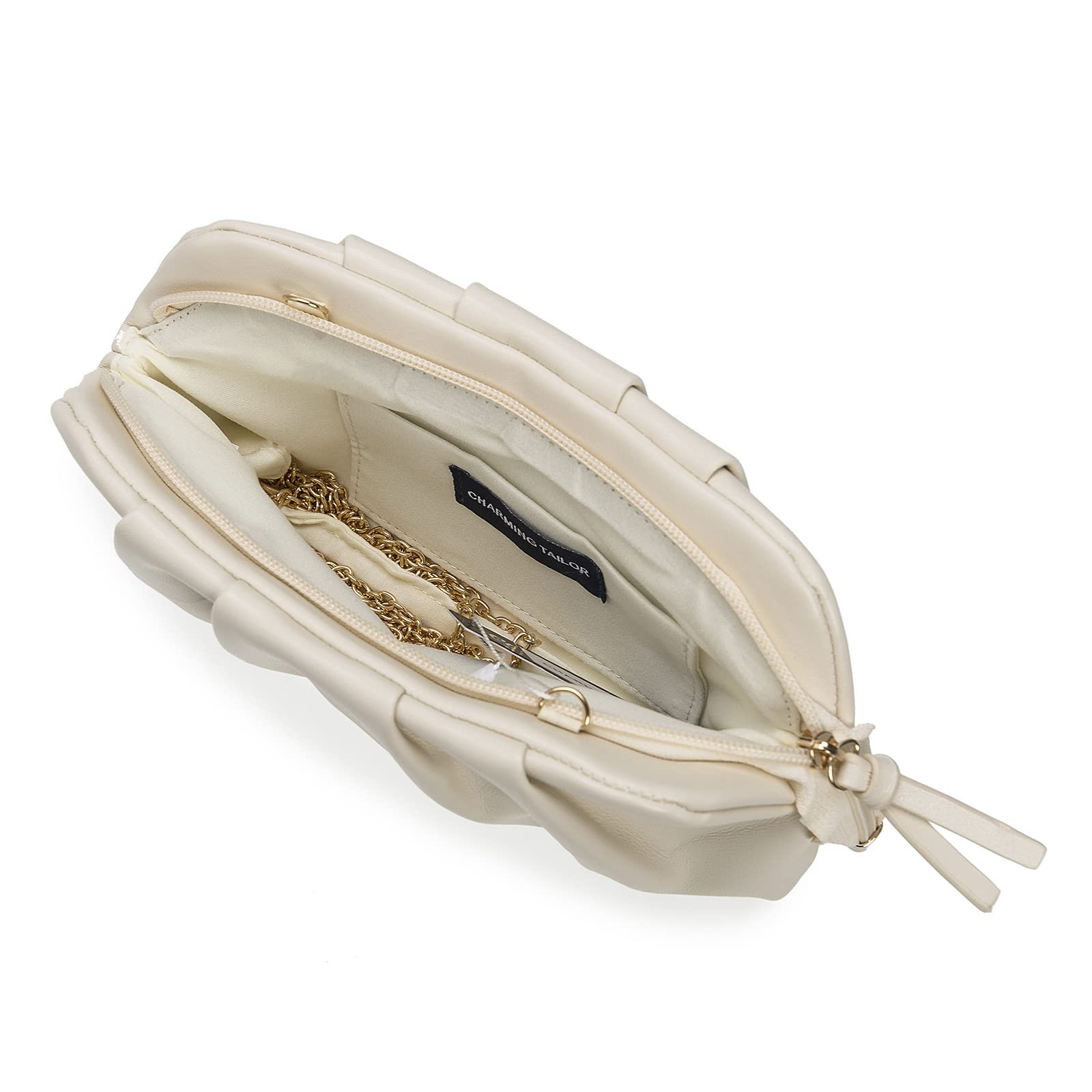 CHARMING TAILOR Chic Soft Vegan Leather Clutch Bag Dressy Pleated PU Evening Purse for Women (Off White)