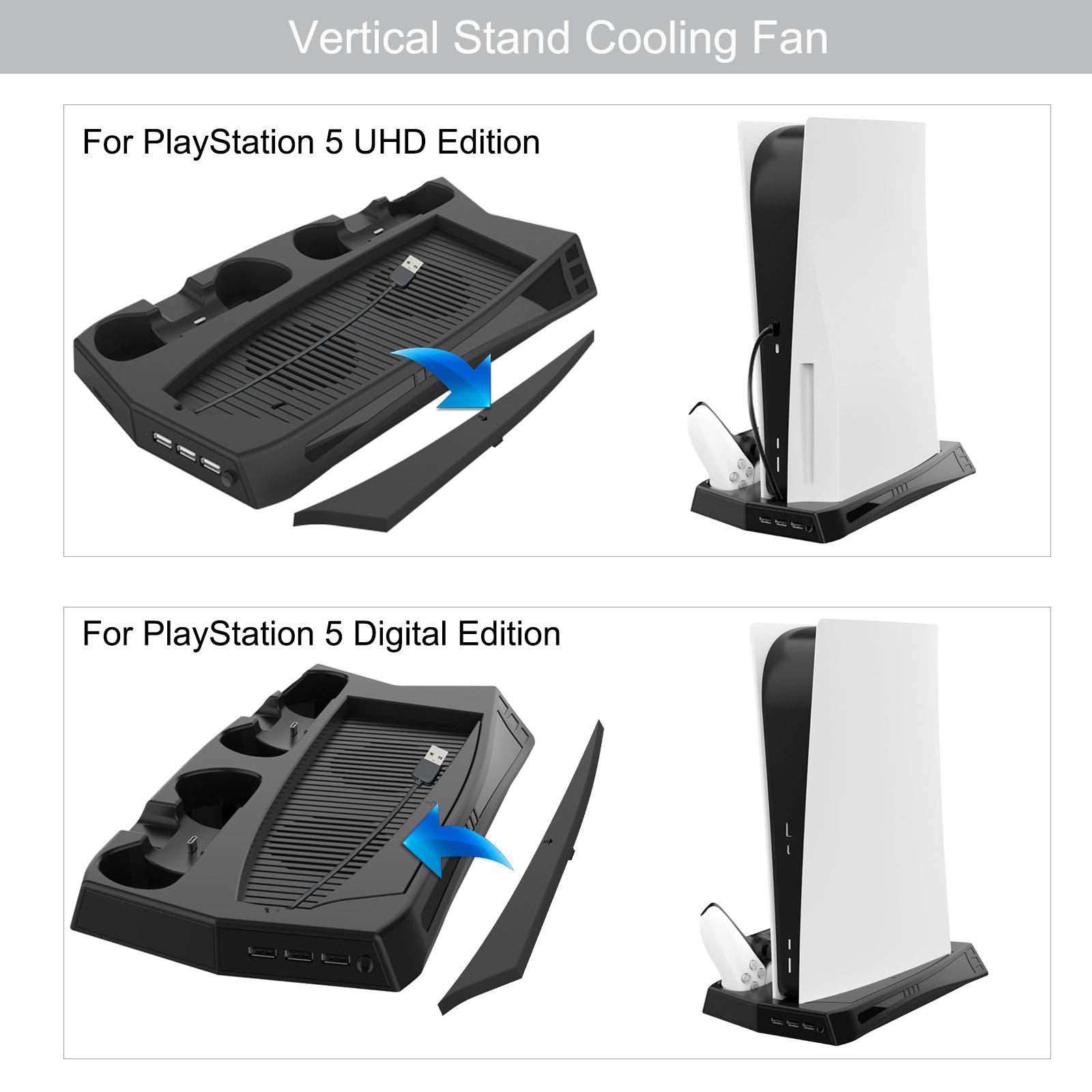 Cooling Fan Charging Dock Vertical Stand for PlayStation 5 PS5 with 3 USB Hubs, 2 DualSense Controller Charging Dock