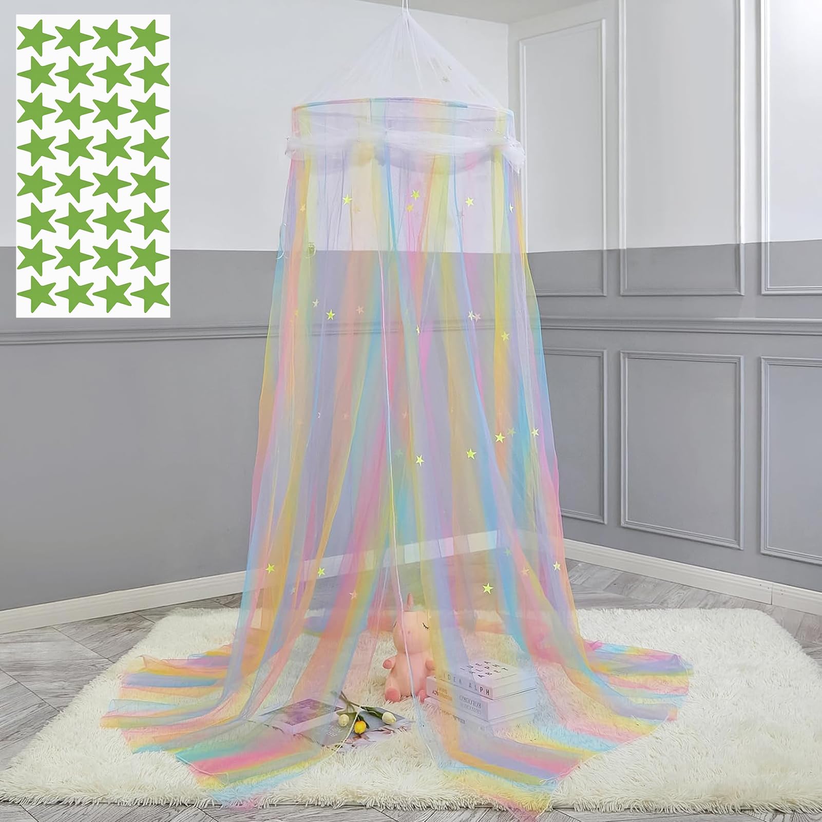 FIOBEE Bed Canopy Bed Curtains Mosquito Net Room Décor with Stars for Bedroom, Rainbow