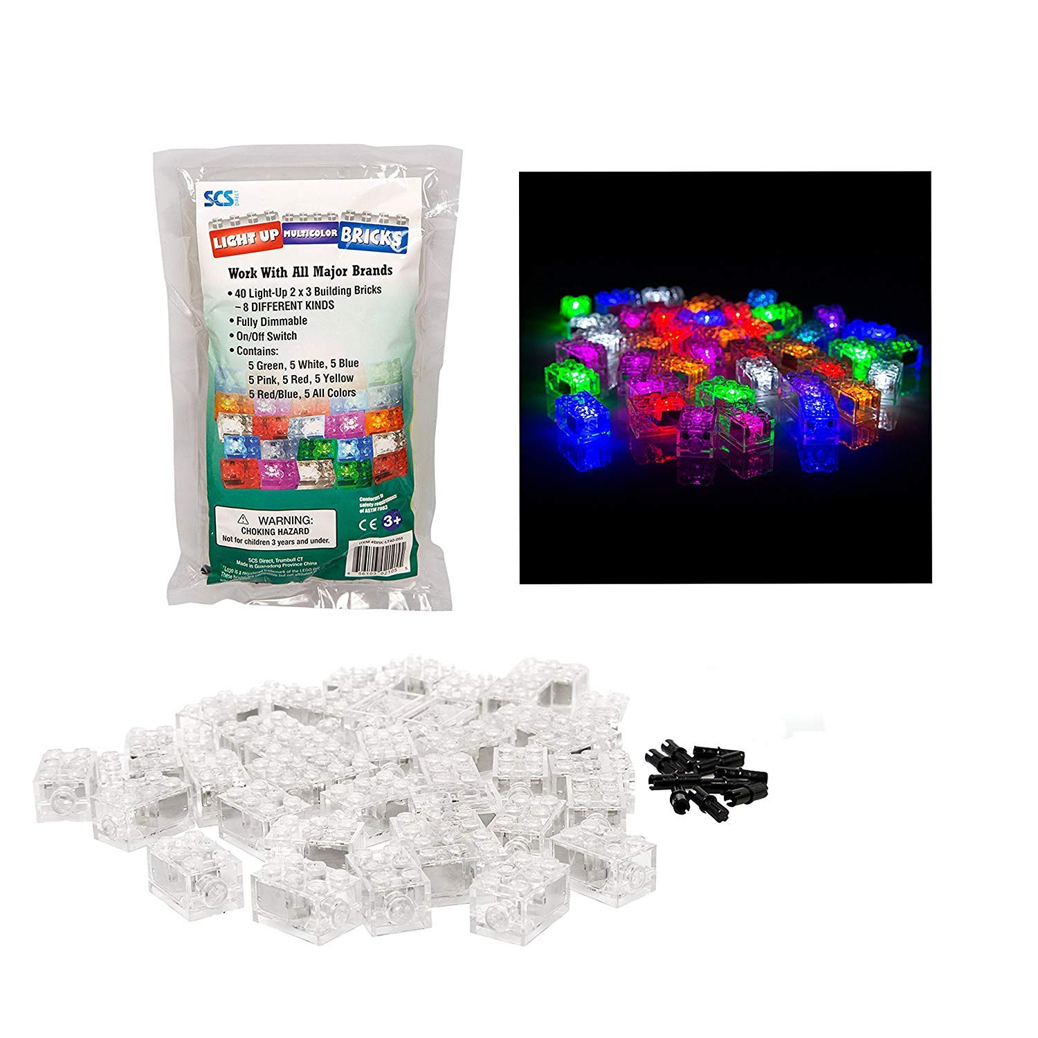 SCS Direct Light Up Building Blocks Bricks with On/Off Switch and Dim Ability- 40pc Multicolor Lights- Compatible and Fits Tightly with All Major Brands, Great for Activity Table & Projects, Xmas Gift