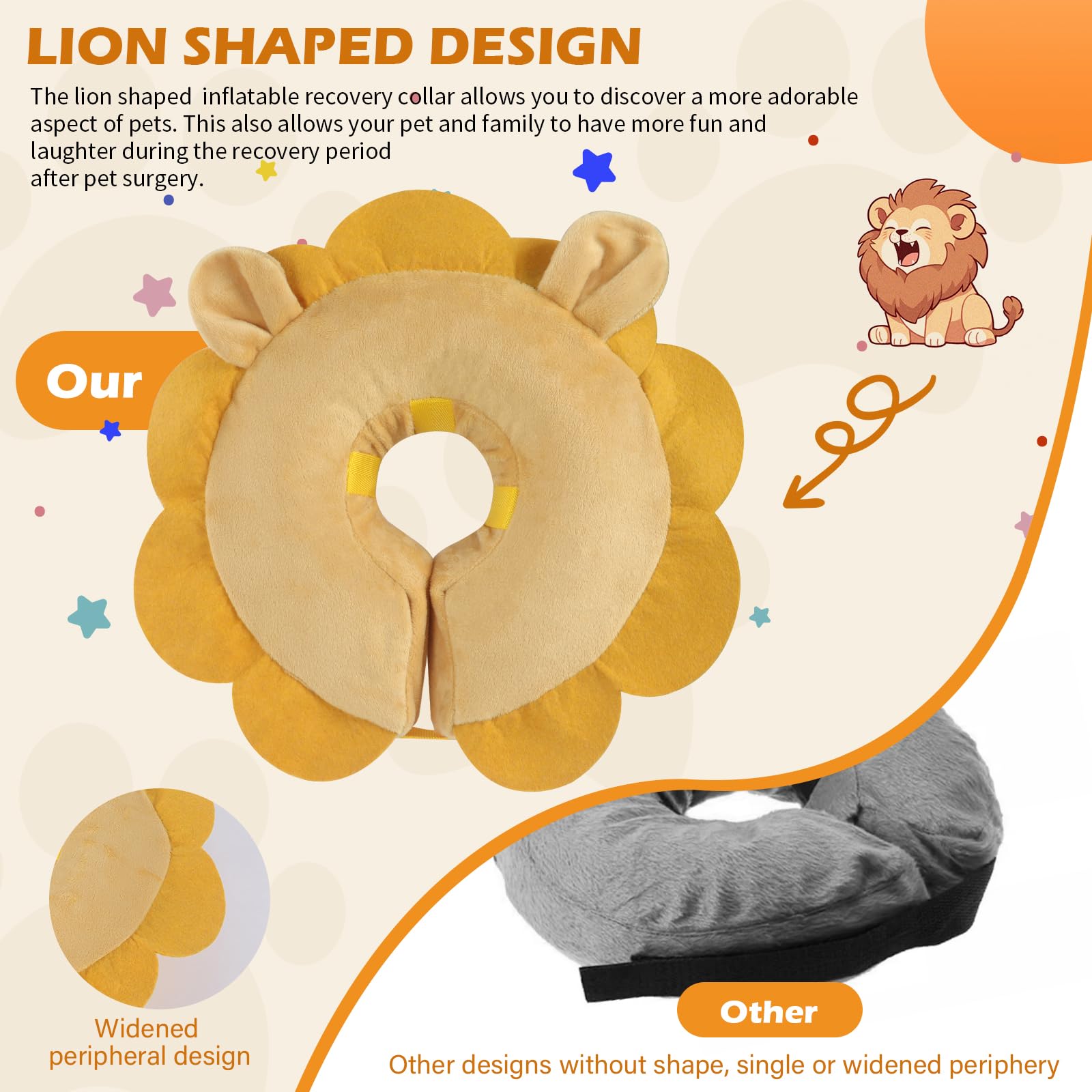 IEUUMLER Inflatable Recovery Dog Collar, Protective Donut Cone, Adjustable Soft Collar for Dog and Cat After Surgery Prevent from Biting & Scratching EU002 - Brown Lion XL