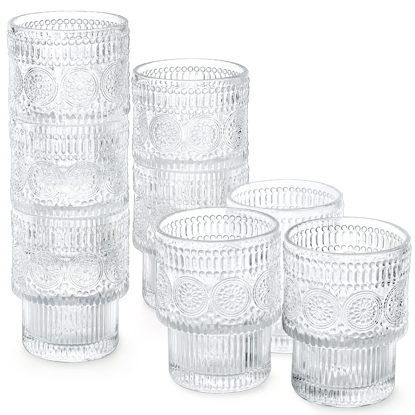 Kingrol Drinking Glasses Set of 8, 6.5 Ounces Stackbale Water Glasses, Vintage Glassware for Cocktail, Whiskey, Juice, Iced Coffee, Iced Tea, Bar Accessories