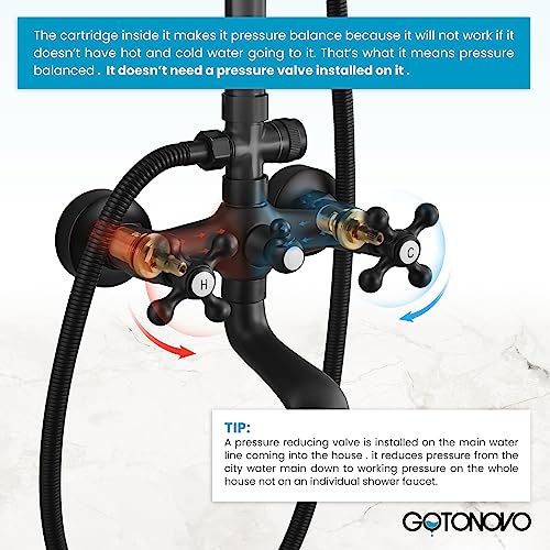 gotonovo Matte Black Wall Mounted Bathroom Rainfall Shower Faucet System Set Mixer 8-Inch Round Head Double Cross Handles Bathroom Bathtub Hand Spray Tub Spout Bathroom Fixtures