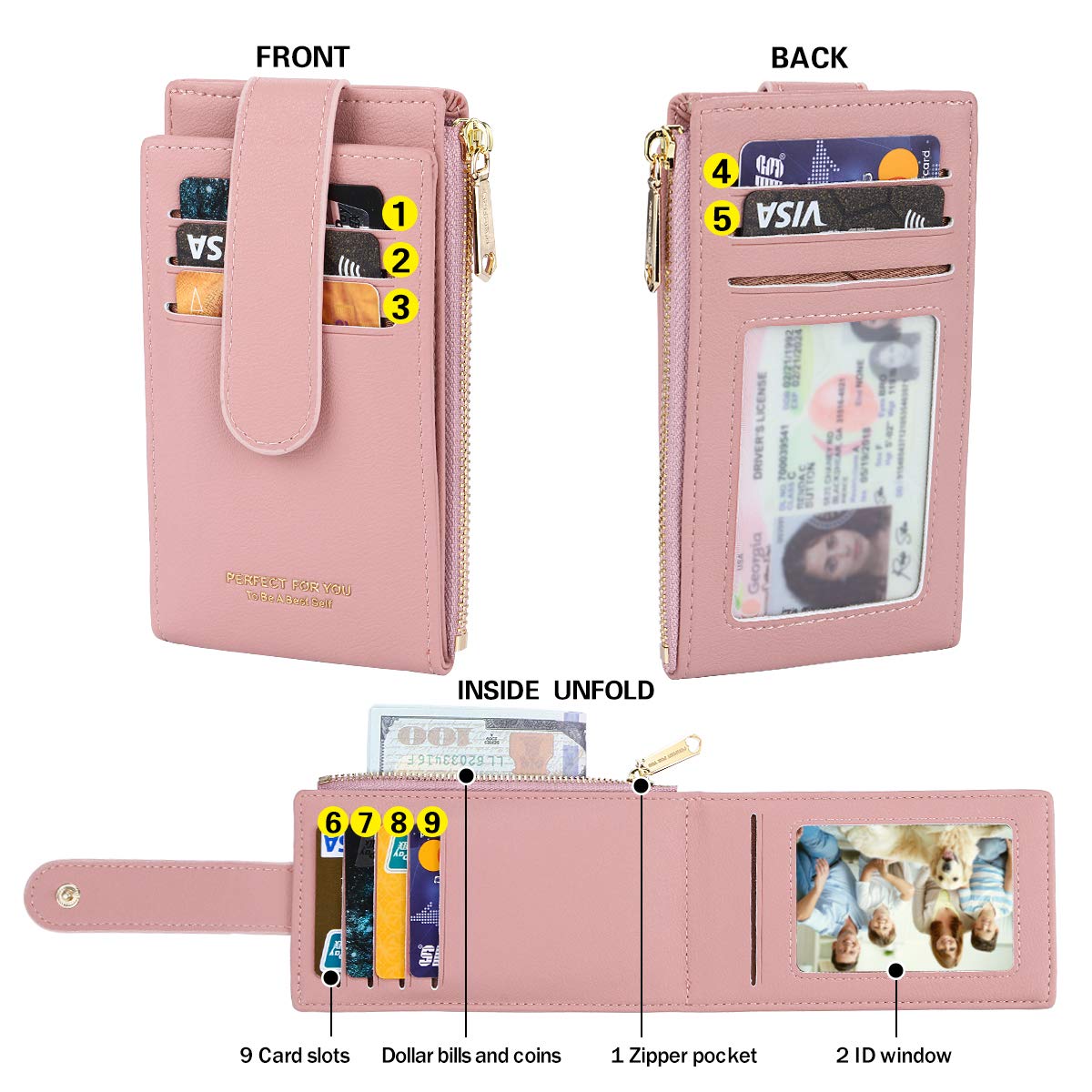 CYANB RFID Card Holder Wallet for Women Slim Bifold Zipper Card Cases Money Organizers Pink
