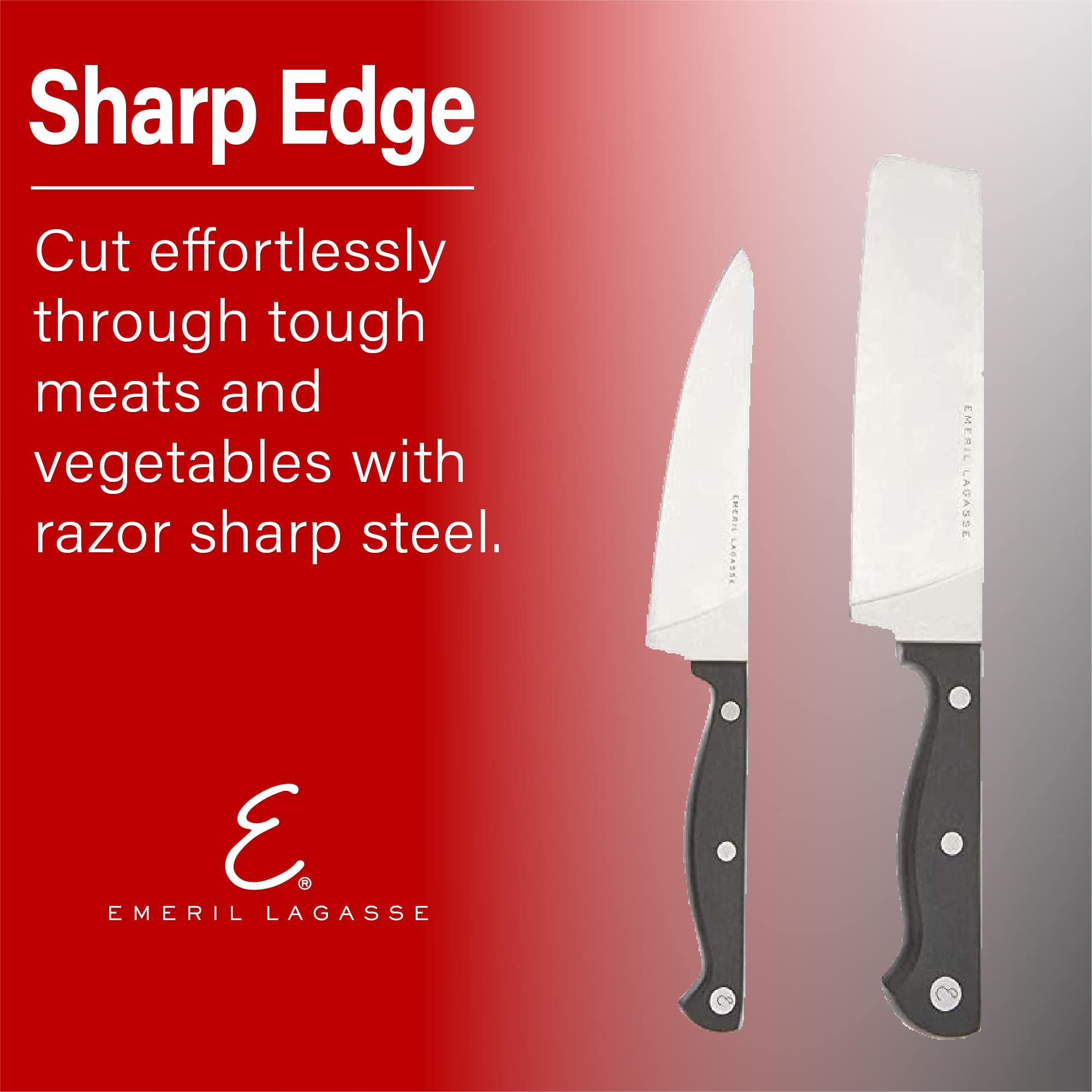 Emeril 3-Piece Specialty Cutlery Kitchen Knife Set (6.5" Nakiri, 5.5" Prep, & 4.75" Spreader Knives) (Black)