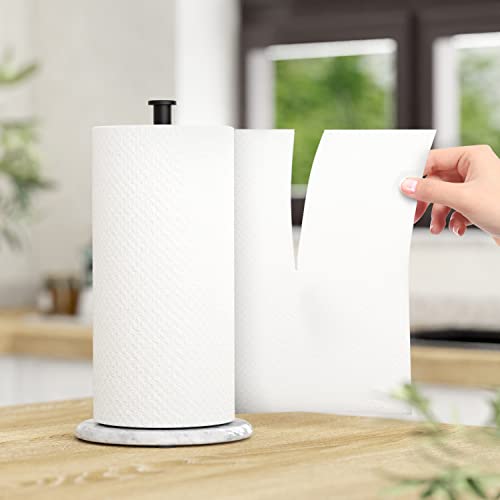 Susswiff Paper Towel Holder Countertop with Natural Marble Base, Kitchen Roll Holder, Standing Paper Towel Dispenser for Standard or Jumbo-Sized Rolls, Matte Black