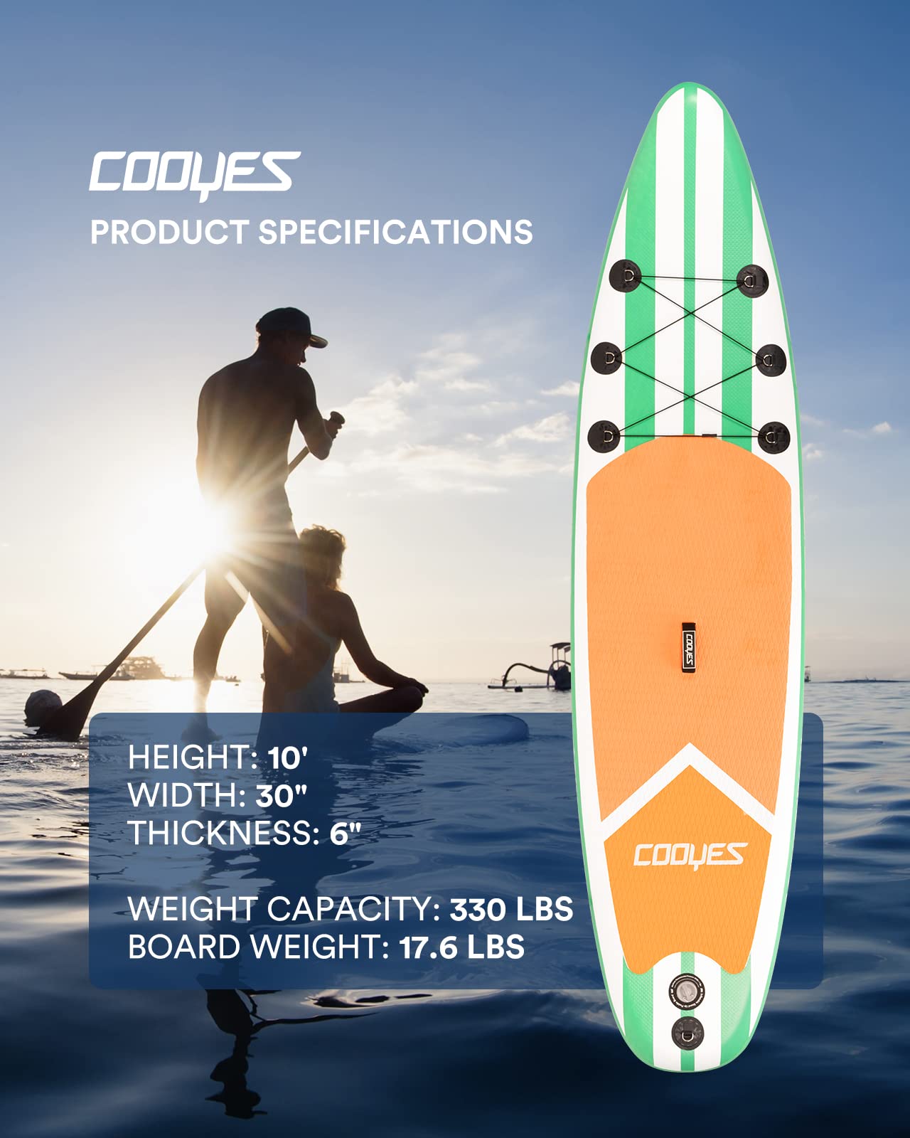 Cooyes 10x30x6 (17.6 lbs) Inflatable Stand Up Paddleboard Sup w/Backpack, Large Fin, Leash, Paddle, Pump, Waterproof Phone Case, Extra-Light for Yoga