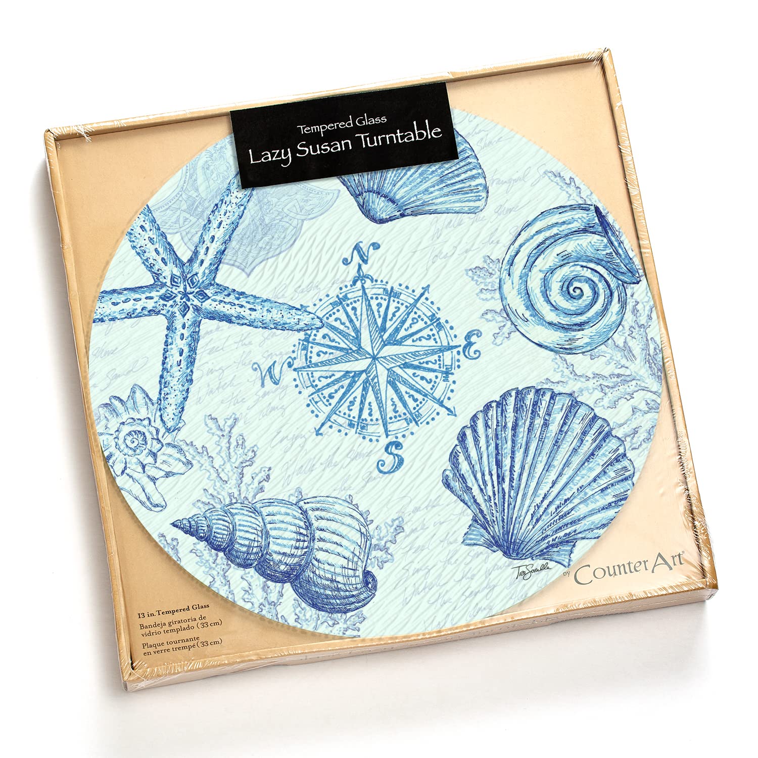 CounterArt Coastal Sketch 4mm Heat Tolerant Tempered Glass Lazy Susan Turntable 13" Diameter Cake Plate Condiment Caddy Pizza Server