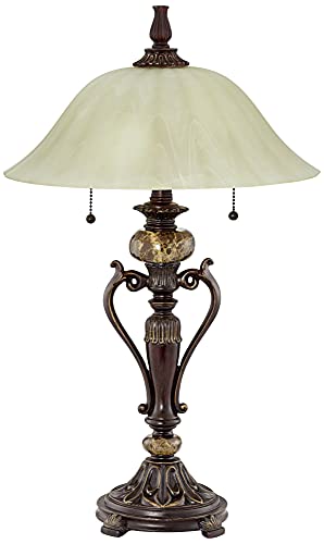 kathy ireland Amor Traditional Vintage Table Lamp with Tabletop Dimmer 26" High Bronze Brown Marble Alabaster Champagne Glass Shade Decor for Living Room Bedroom House Bedside Nightstand Home