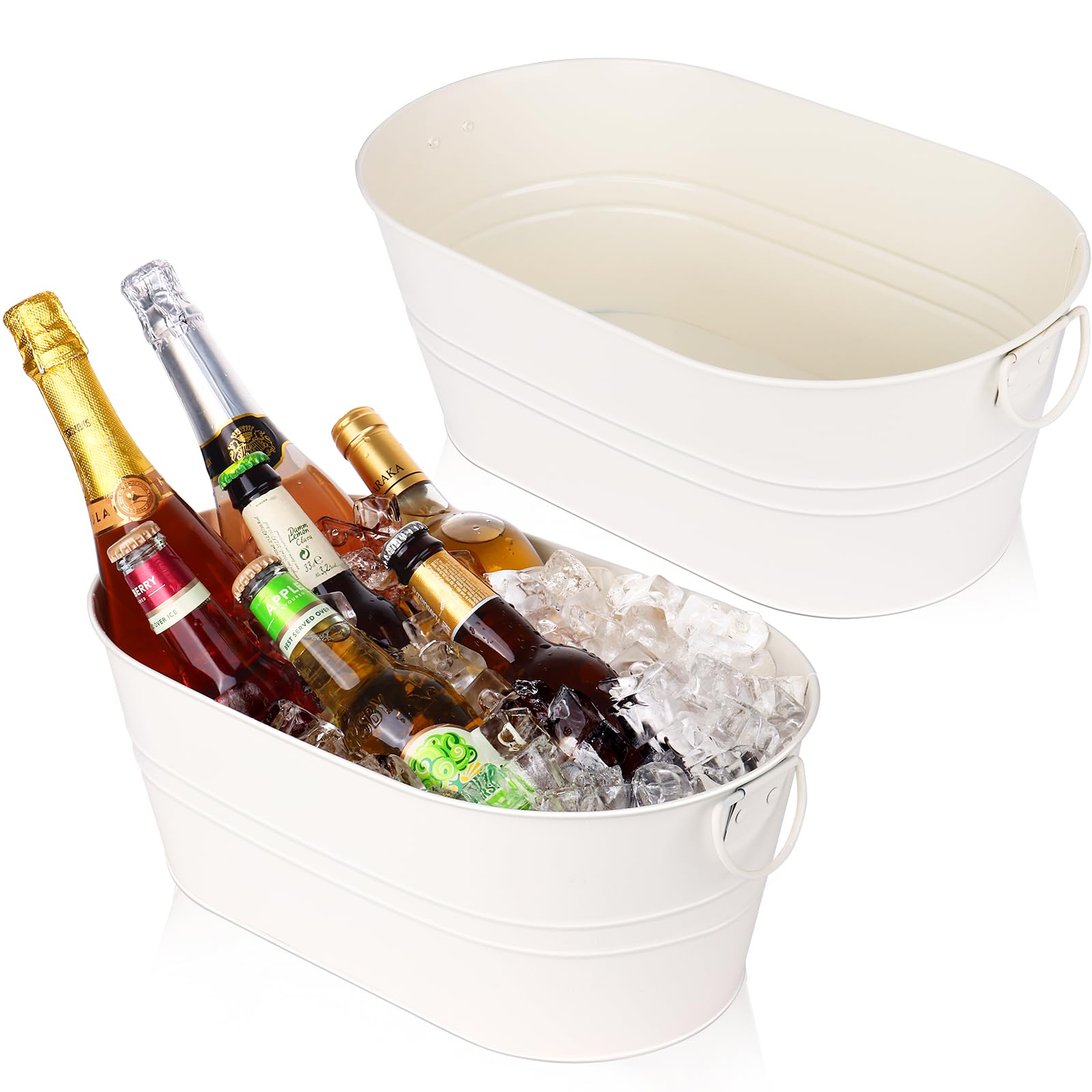 Galvanized Tub Beverage Tubs, 2pcs Metal Ice Buckets for Cocktail Bar 3 Gallon Wine Beer Drink Buckets with Handles Large Tub Cooler Mimosa Bar Supplies Ice Bucket for Parties (White)