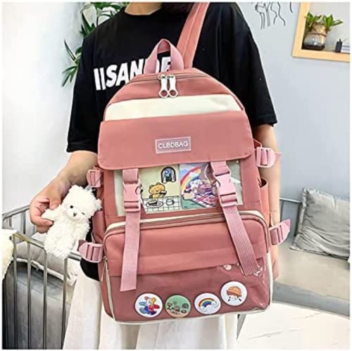 Kawaii Backpack Casual Bags Cute Aesthetic Backpacks with badge and pendant, shoulder bag, pencil case, handbag (Pink)