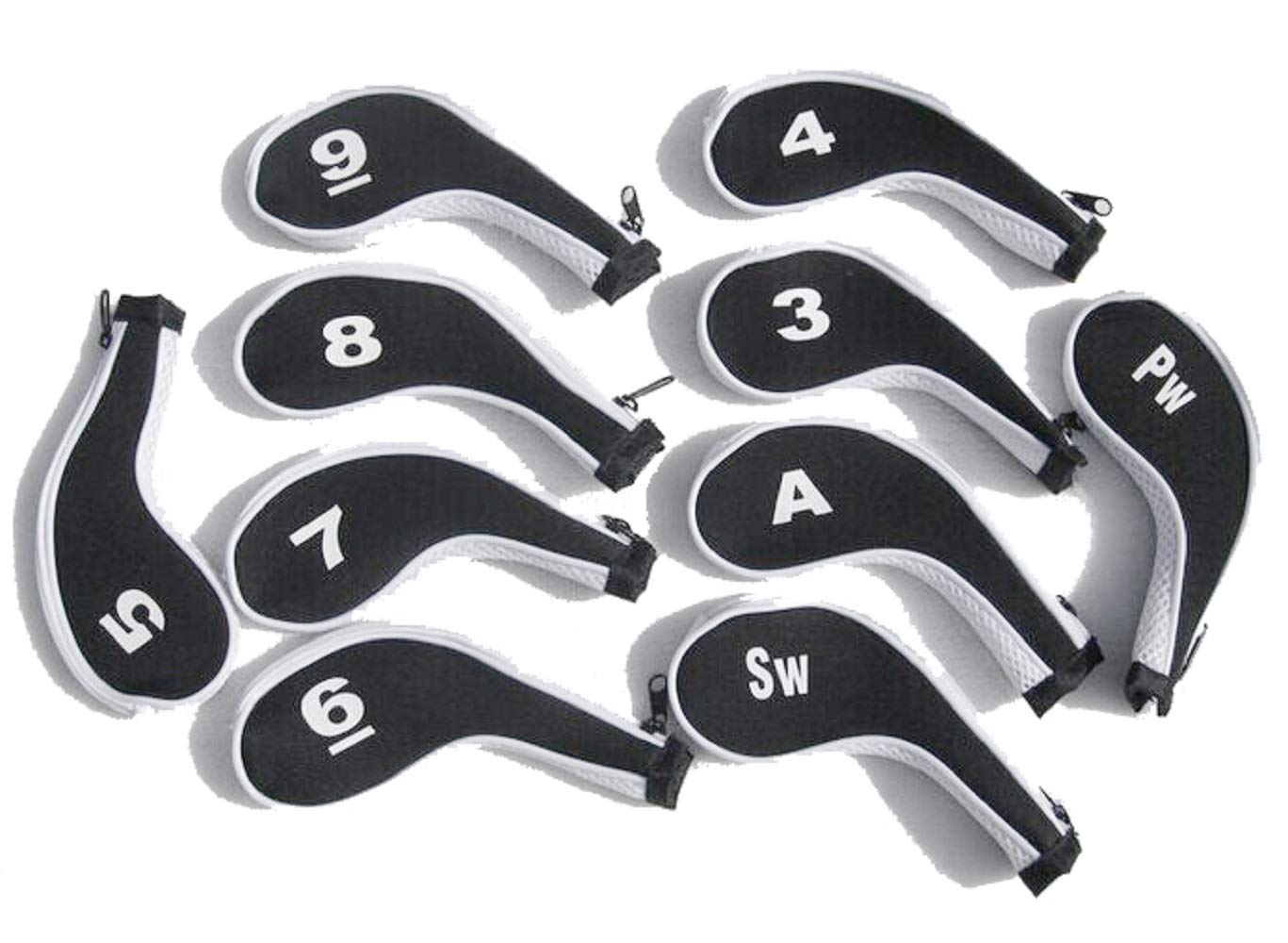DBYAN 10pcs Number Print Long Sleeve Golf Club Iron Covers Head Covers Set with Zipper for Irons Taylormade Ping Callaway Mizuno Cobra,Black & White