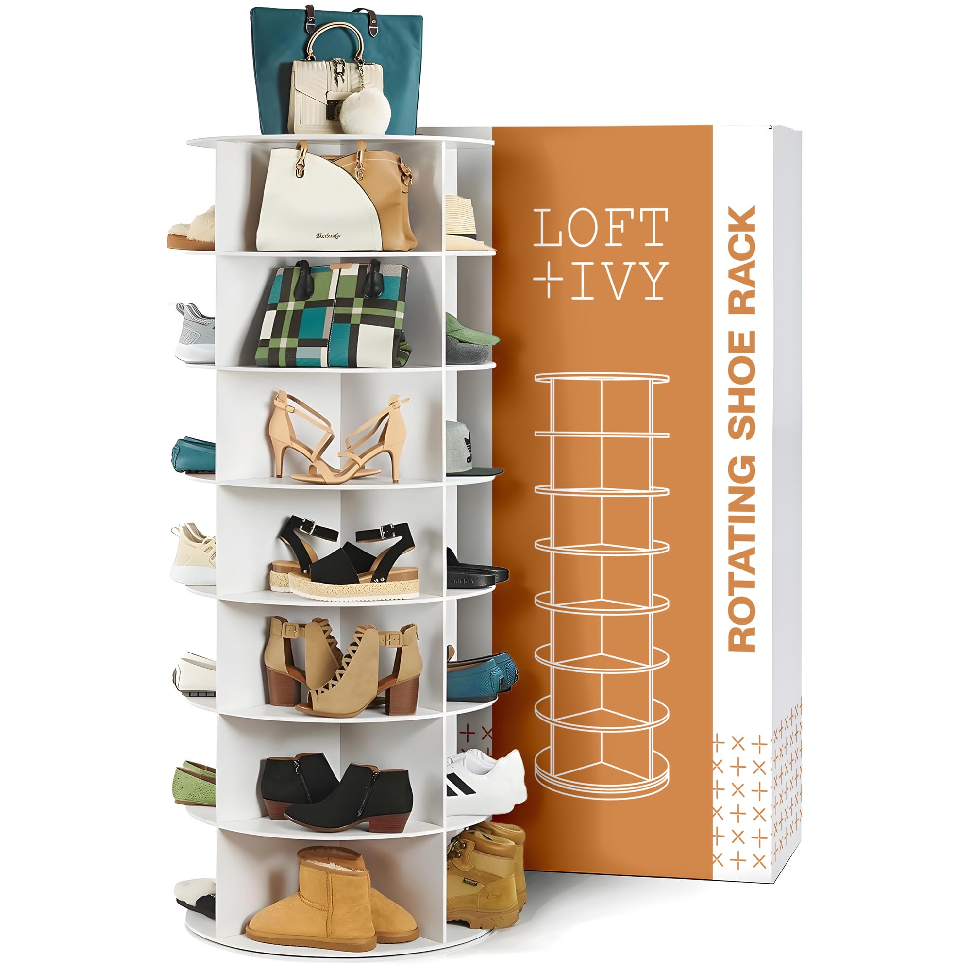 LOFT + IVY Rotating Shoe Rack tower Updated Version -360 Spinning Shoe Rack organizer-Lazy Susan for shoes - Fits 28 pairs of shoes - Spinning and Revolving Round Shoe Rack Carousel - 7 tier shoe rack