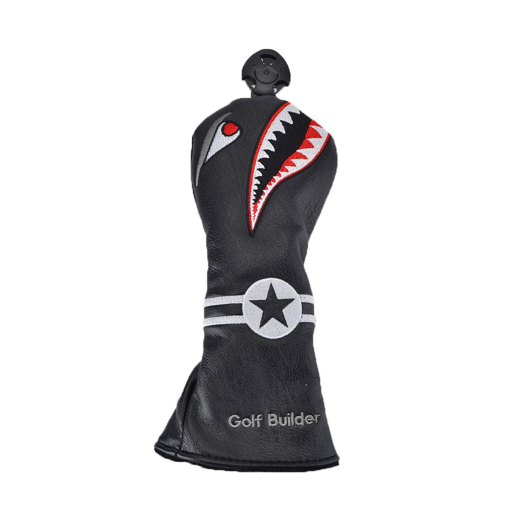 COOLSKY Golf Head Cover Shark for Driver Fairway Wood Hybrid Cartoon Animal Design Pattern Synthetic Leather Headcover Black