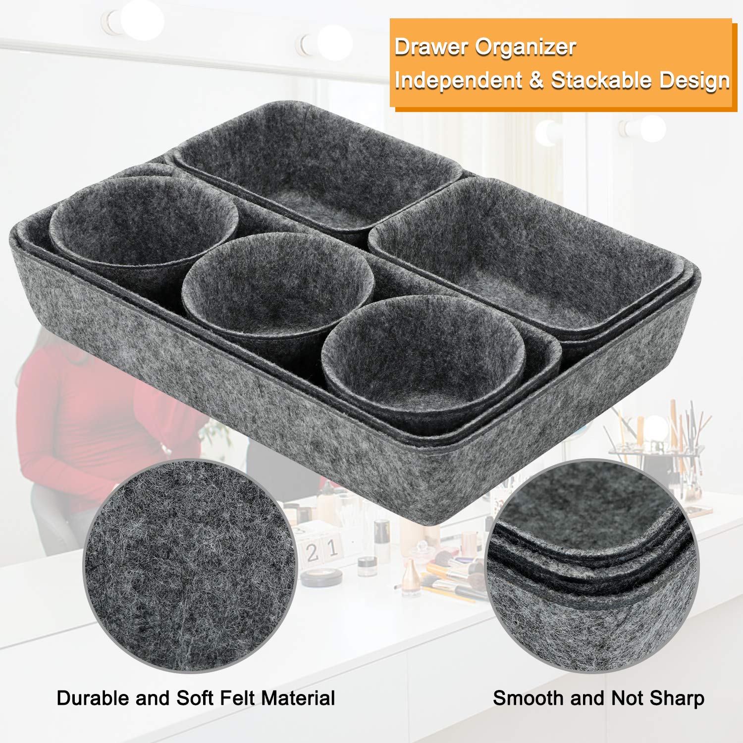 Drawer Organizers Bins Junk Drawer Organizer Tray Dividers for Office Kitchen Bathroom Bedroom Shallow Felt Drawer Storage Containers Cute Desk Drawer Organizer Separators Pack of 8,Grey