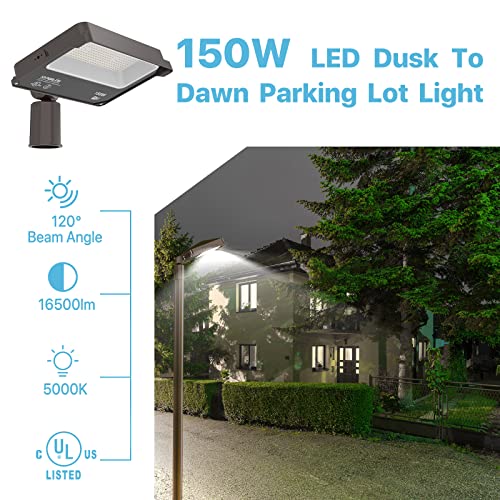 HYPERLITE LED Parking Lot Light 150W with Dusk to Dawn Photocell, 5000K Outdoor Commercial Area Lighting with UL Certified, IP65 Waterproof LED Pole Light with Adjustable Slip Fitter mounting