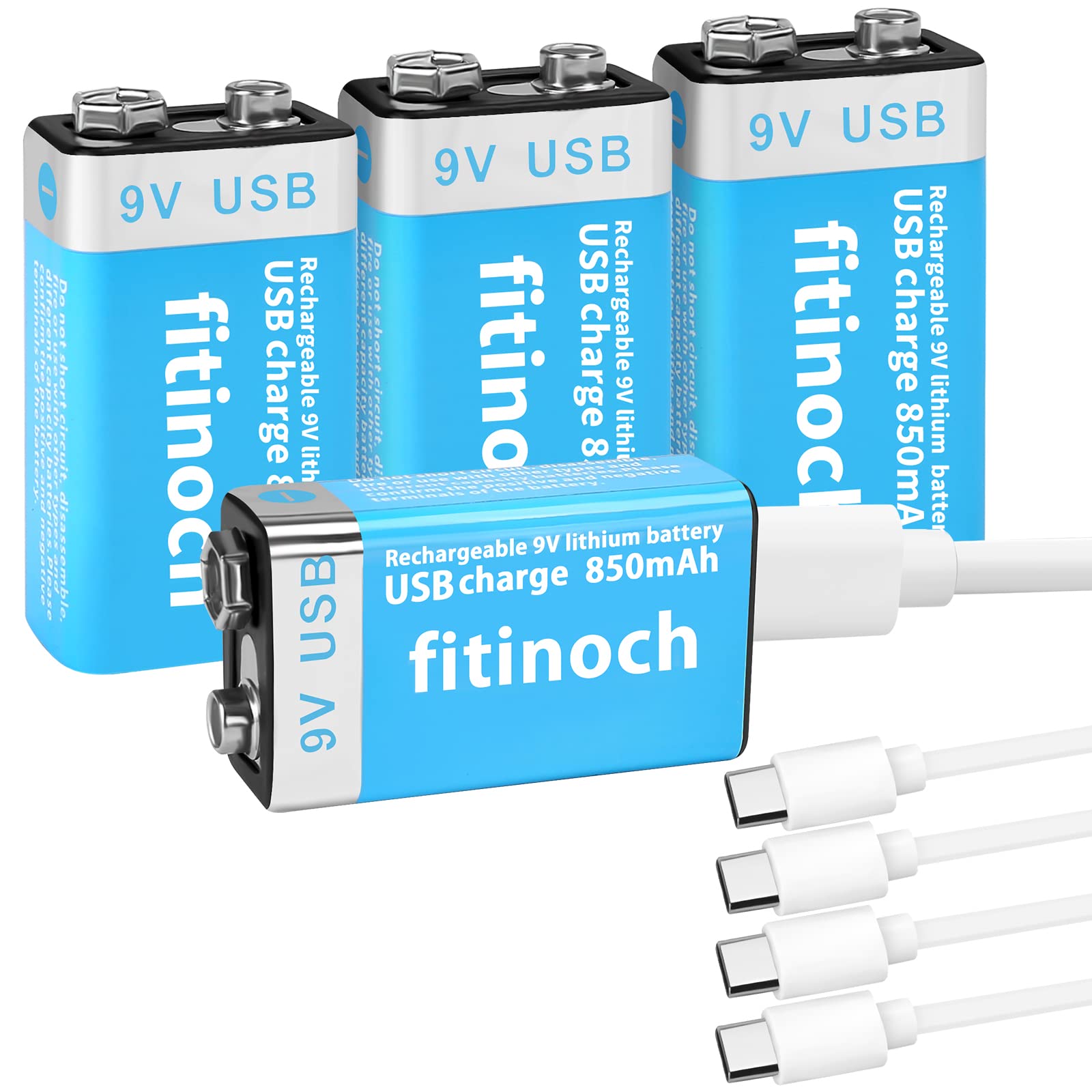 Fitinoch Rechargeable 9V Lithium USB Battery 850mAh with 4 in 1 Charge Cable, 9 Volt Battery 6f22 for Smoke Detector Alarms (4 Pack)