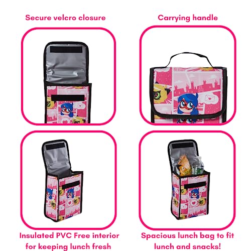 Miraculous Ladybug Cat Noir Backpack Set with Lunch Bag for Girls, 16 inch, 5 Piece Value Set, Pink
