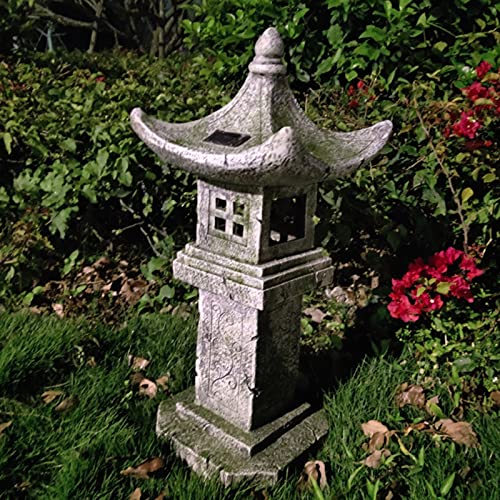 L-JTLYM Solar Lights Outdoor Garden Decor, LED Solar Powered Lighthouse, No Need to Connect, Pagoda Lantern Garden Statue, Hand-Carved, for Tabletop,Ground,Patio,Courtyard Decoration, Grey Finish