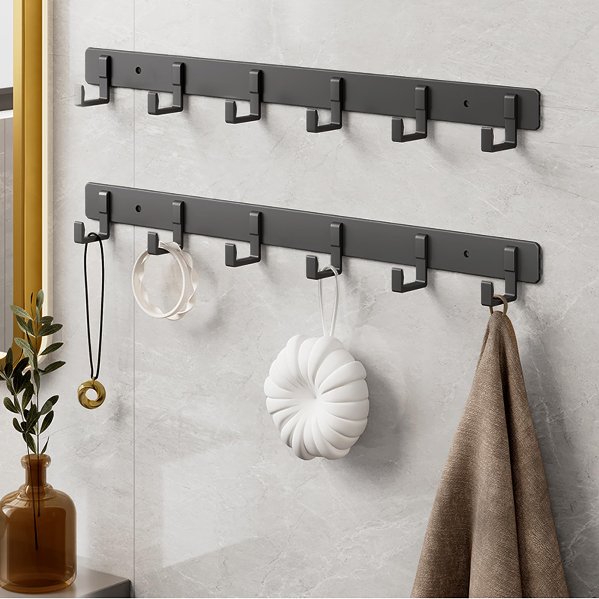 Geobella Wall mountde Coat Rack(2-Pack) 6 Hanging Hooks Entryway Bedroom Bathroom Kitchen for Coat Hooks,Glue Installation Does Not Require Drilling