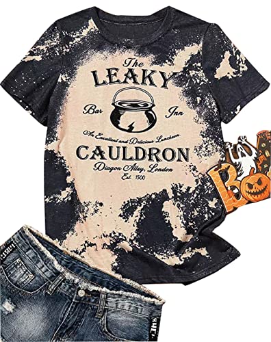 Halloween The Leaky Cauldron T-Shirt for Women Funny Halloween Graphic Bleached Tops Holiday Casual Fall Shirt Blouse Dark Grey