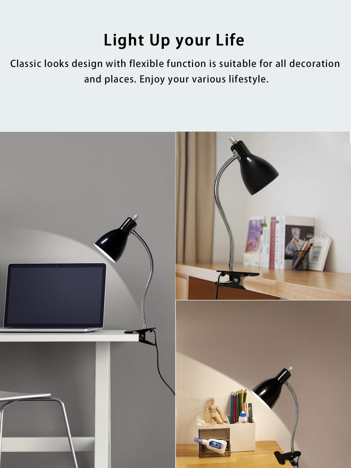 Desk lamp Eye-Caring Table Lamps, 360°Rotation Gooseneck Clip on Lamp Reading Light Portable Reading Book Light, Clamp Light, Study Desk Lamps for Bedroom and Office Home Lighting (Black)