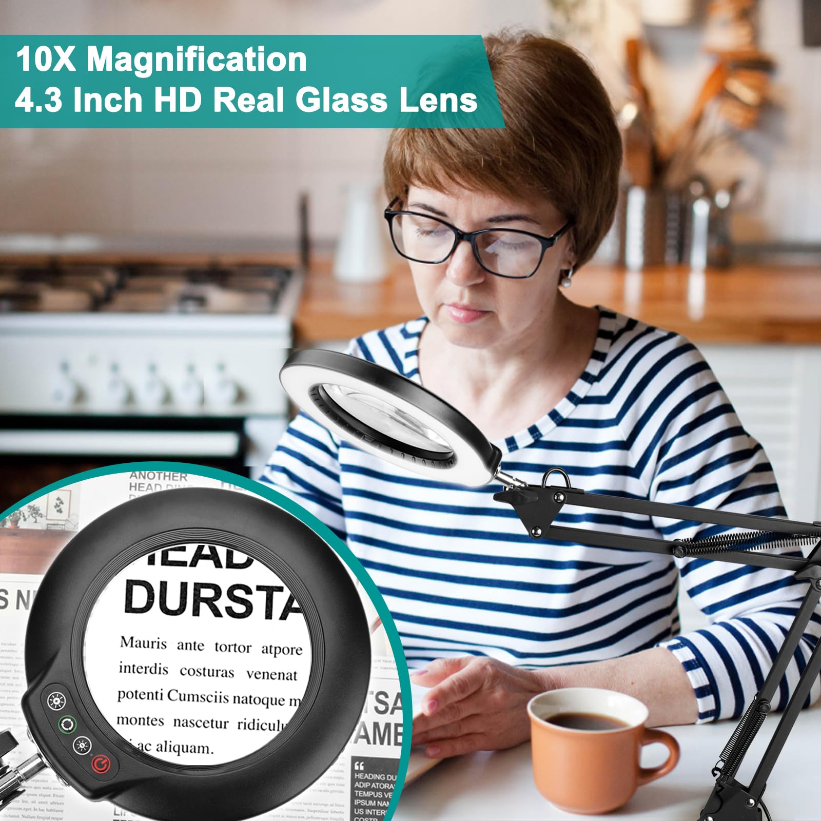 Drdefi 10X Magnifying Glass with Light and Clamp,Adjustable Swing Arm LED Lighted Desk Lamp, 5 Color Modes Stepless Dimmable Hands Free Magnifier Lamp for Craft Hobby Close Works Painting Reading