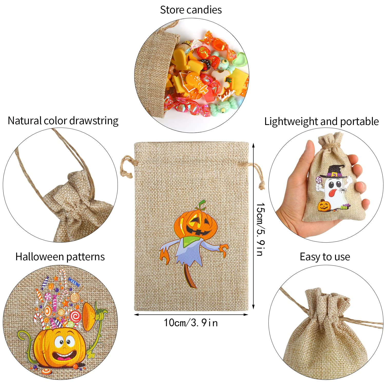 LOKIPA 36 Pcs Halloween Burlap Gift Bags with Drawstring Small Jute Pouches for Kids Adults Party Supplies