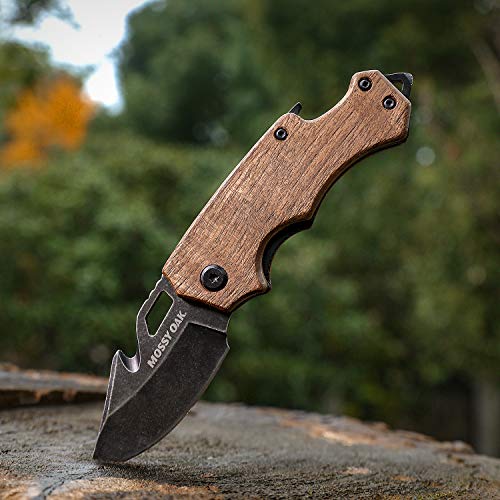 Mossy Oak Mini Folding Pocket Knife, Stainless Steel Drop Point Blade - EDC Multi-tool with Bottle Opener and Glass Breaker(Wood)