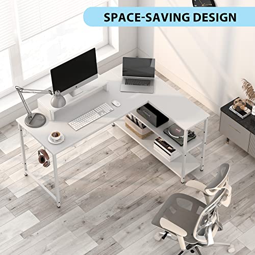 L-Shaped Desk with Storage Shelves, Computer Desk with Monitor Stand Study Writing Table Workstation, Easy to Assemble, White