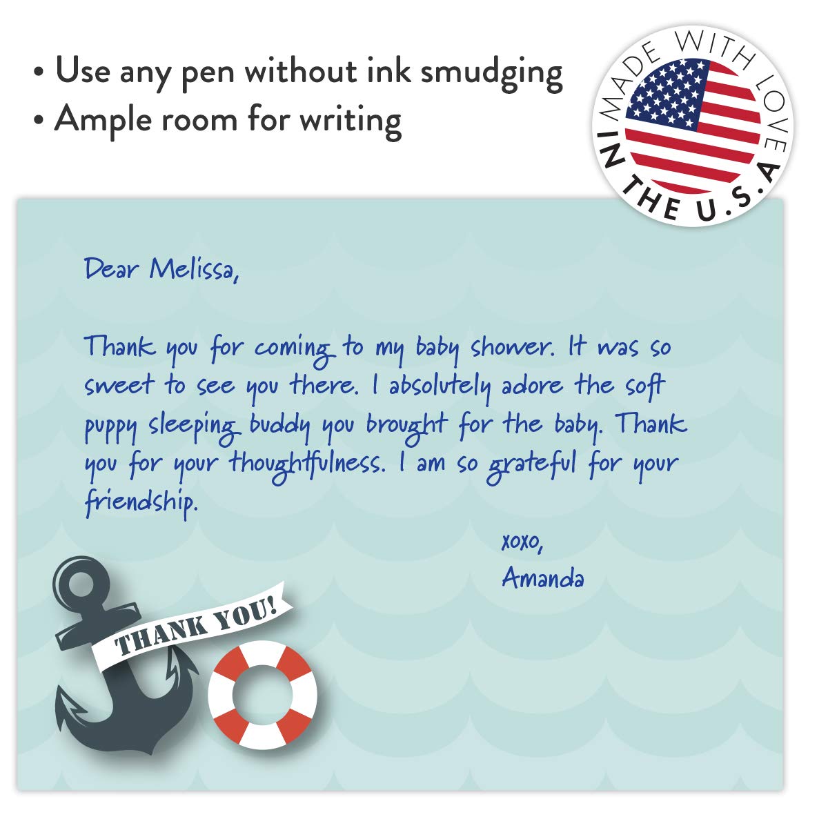 Koko Paper Co Nautical Thank You Cards | 25 Flat Note Cards and Envelopes | Printed on Heavy Card Stock.