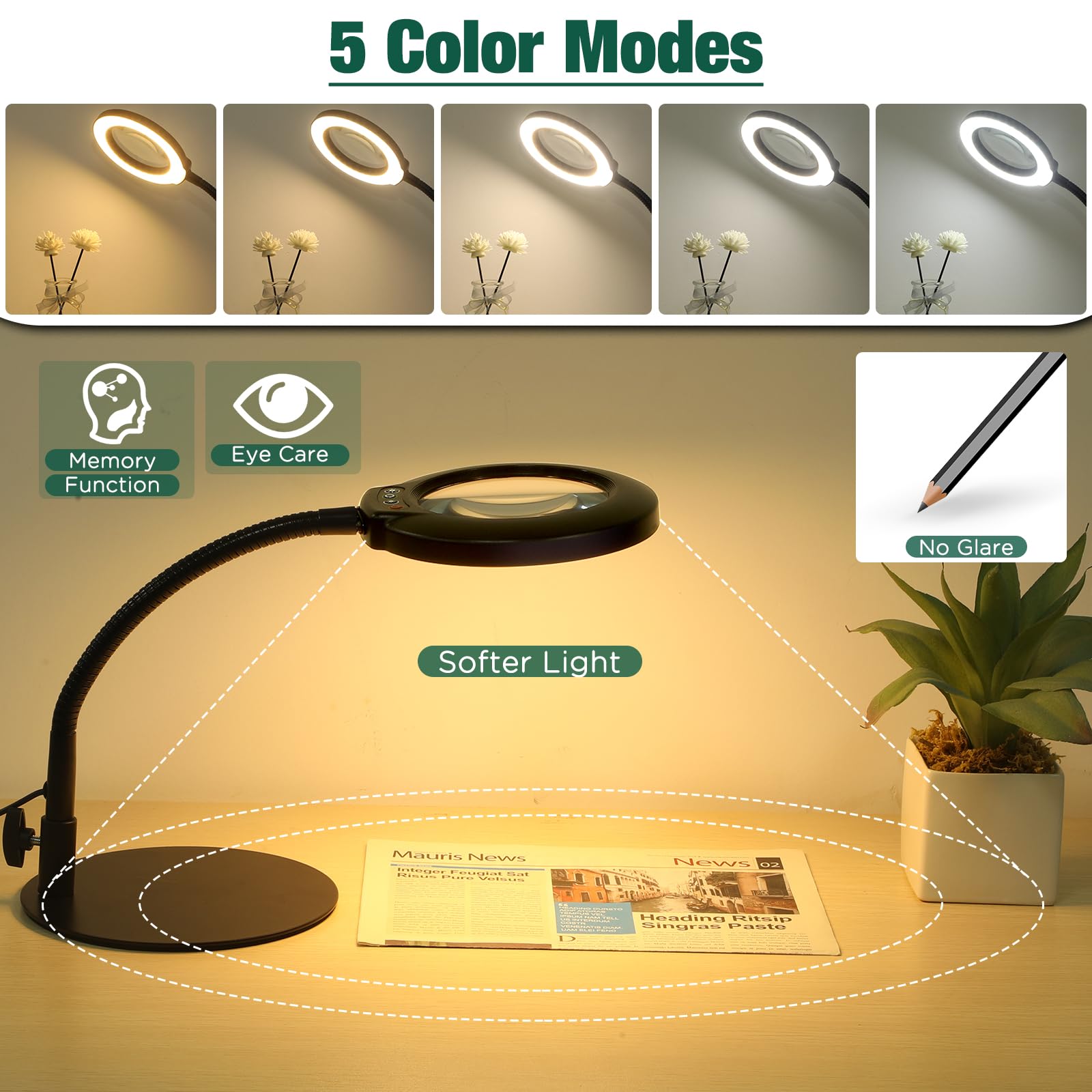 Drdefi 8X Magnifying Glass with Light and Stand, 5 Color Modes Stepless Dimmable Flexible Gooseneck Magnifying Desk Lamp, LED Lighted Magnifier Hands Free for Craft Reading Painting Close Work Hobby