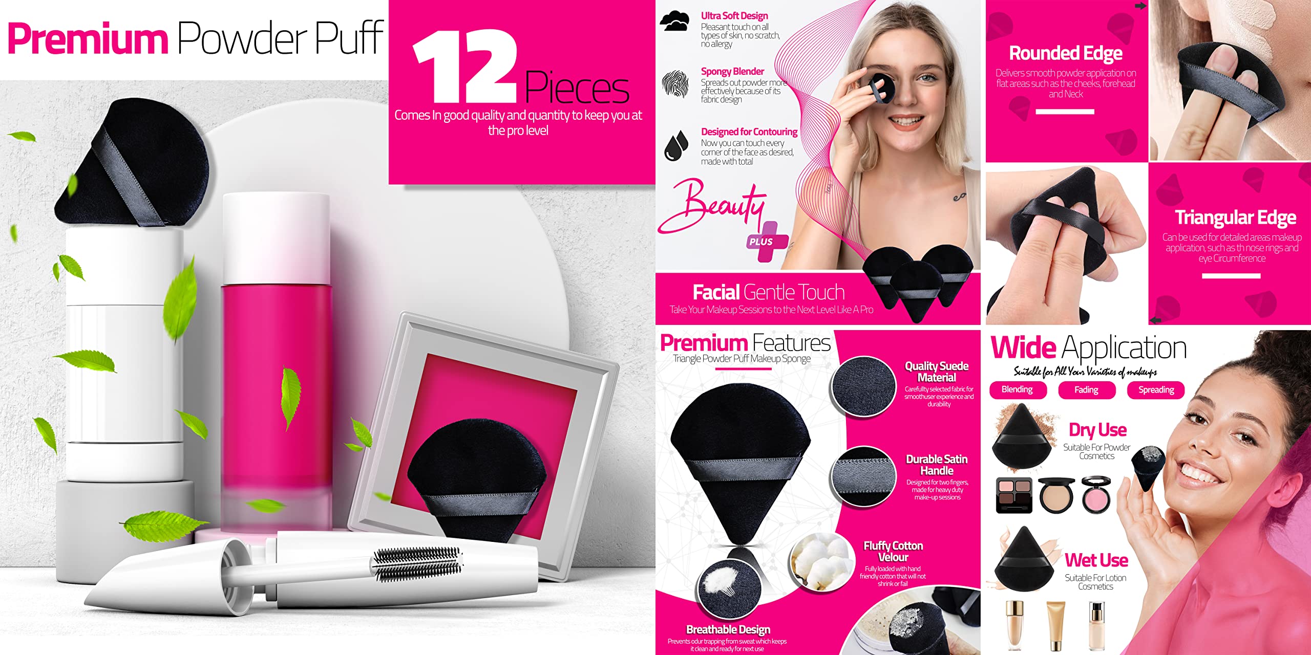 Ecomerr 12 Pieces Powder Puff with Cleansing Puff Face Triangle Makeup Puff for Loose Powder Body Velour Cosmetic Setting Sponge Velvet Washable Beauty Makeup Tool (Black)