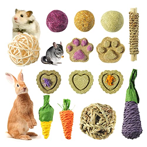 PD Bunny Chew Toys for Teeth, Natural Timothy Grass Small Animal Chew Toys, Mixed Grass and Molar Grass Cake and 2 Balls for Rabbits Chinchilla Hamsters Guinea Pigs Gerbils Groundhog SquirrelsοΌ14 pcsοΌ