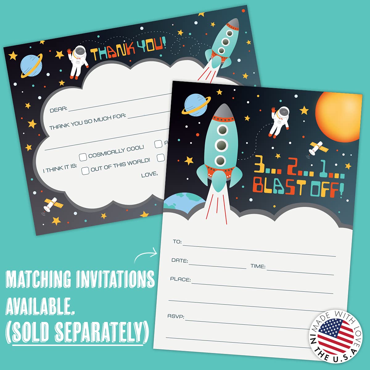 Koko Paper Co Space Multiple-choice Fill-in Thank You Cards | 25 Flat Cards and 25 Bright White Envelopes | Printed on Heavy Card Stock.