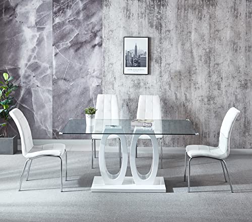 Henf 63" Contemporary Dining Table for 6, Tempered Glass Top Dining Room Table with High-Gloss Double Pedestal, Rectangle Dinner Table Kitchen Table Home Office Meeting Table (White)