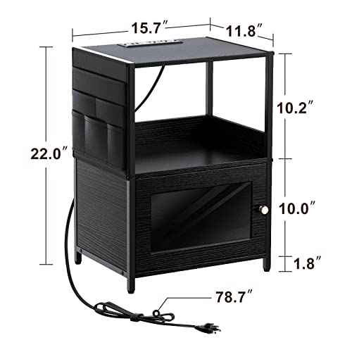 SAUCE ZHAN End Table with Charging Station, Nightstand with USB Ports and Outlets, Fabric Bags, Bedside Table for Small Space Side Table with Storage Drawer for Living Room, Bedroom, Office, Black