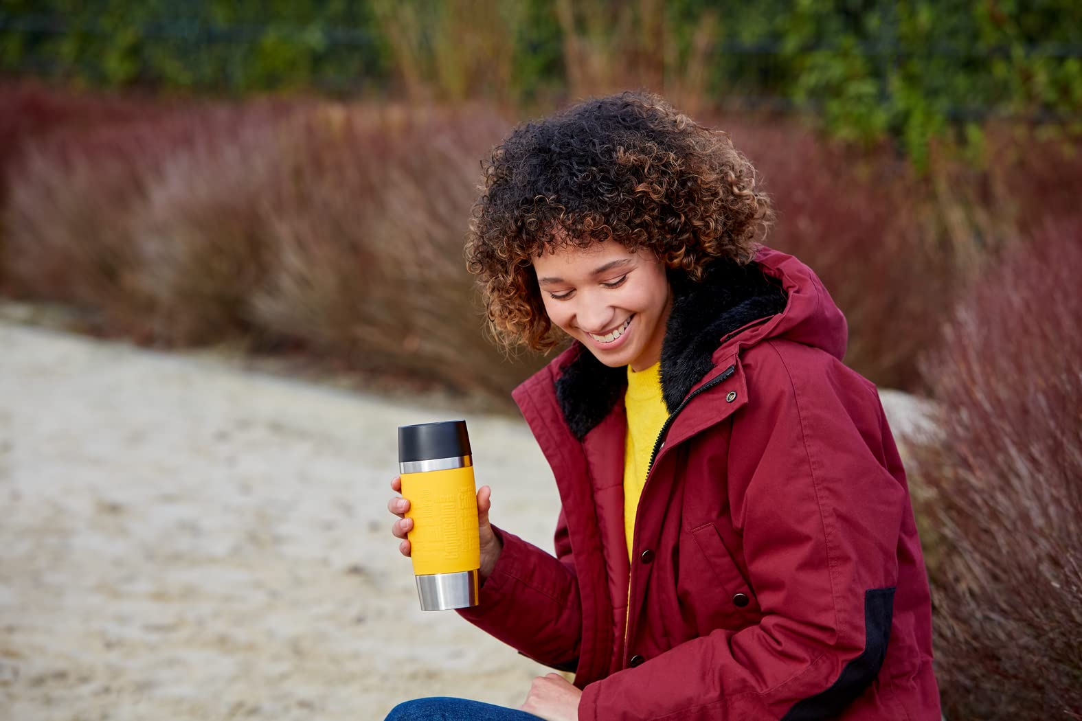 Emsa N20128 Travel Mug Classic Thermo/Insulated Cup Stainless Steel 0.36 litres 4 Hours Hot 8 Hours Cold BPA 100% Leak-Proof Dishwasher Safe 360° Drinking Opening Yellow