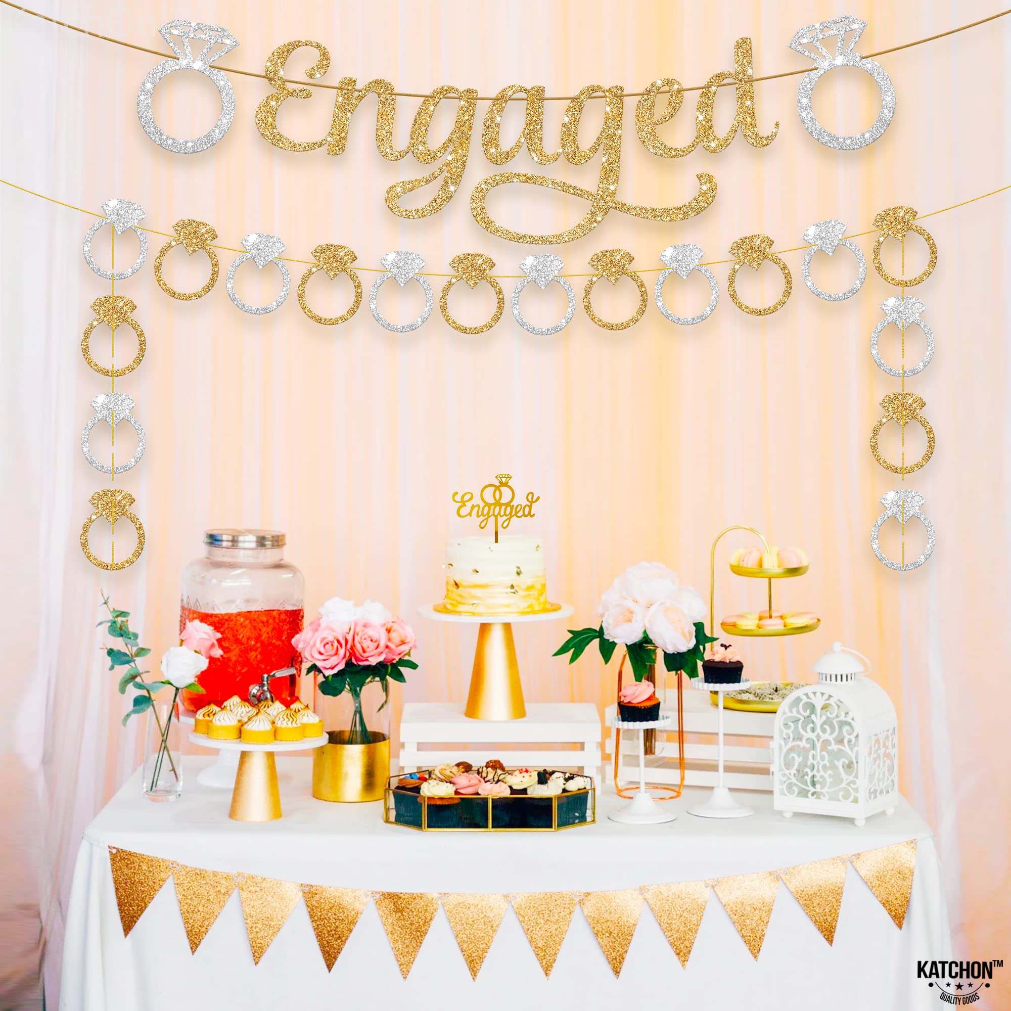 KatchOn, Pre-Strung Gold and Silver Glitter Engaged Banner - 2 String, 10 Feet, No DIY | Engagement Party Decorations | Engagement Banner for Bachelorette Party Decorations, Engagement Decorations