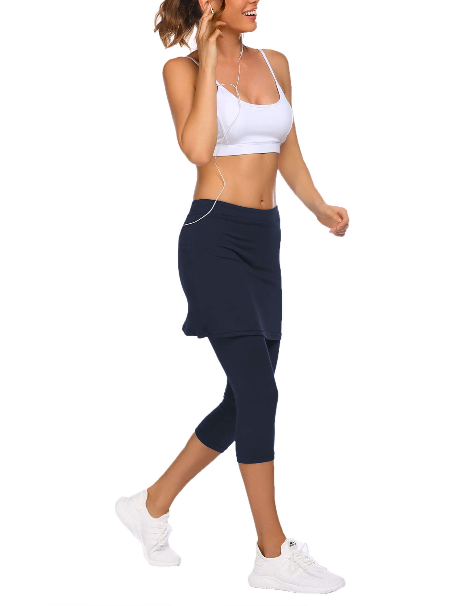 COOrun Skirted Legging for Women Yoga Legging with Skirts Pockets Solid Tennis Golf Capris Leggings Skort Navy Blue