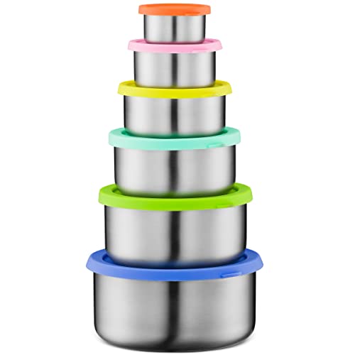 Stainless Steel Containers with Lids, Leakproof Lunch Containers, set of 6 Metal Food Storage Containers, Reusable Snack Containers, Easy to Open, Dishwasher & Freezer Safe