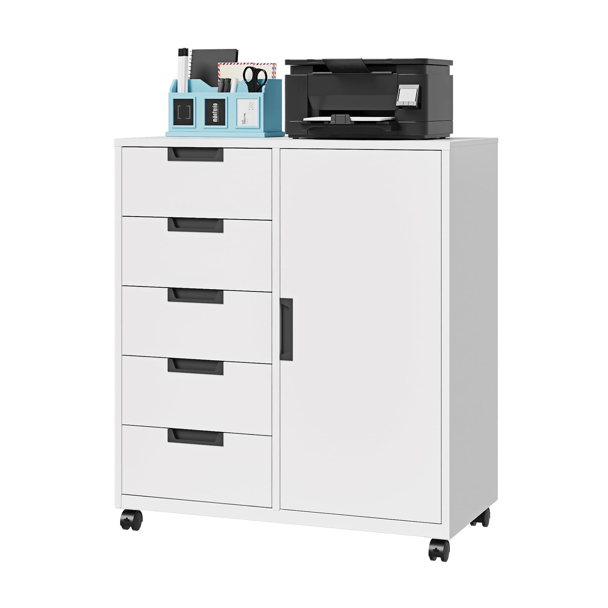 Letaya 5 Drawer Storage Cabinet, Mobile Printer Stand for Home Office,Dresser Chest with Shelves and Door(Black)