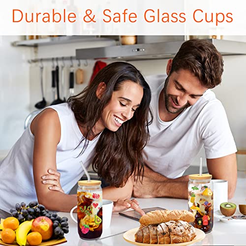 PeacePeo Glass Cups with Lids and Straws 20Pcs 16oz Ice Coffee Cup Can Beer Glass Set Drinking Glasses with Bamboo Lids Reusable Can Shaped Glass Cups Ideal for Smoothies & Beverages