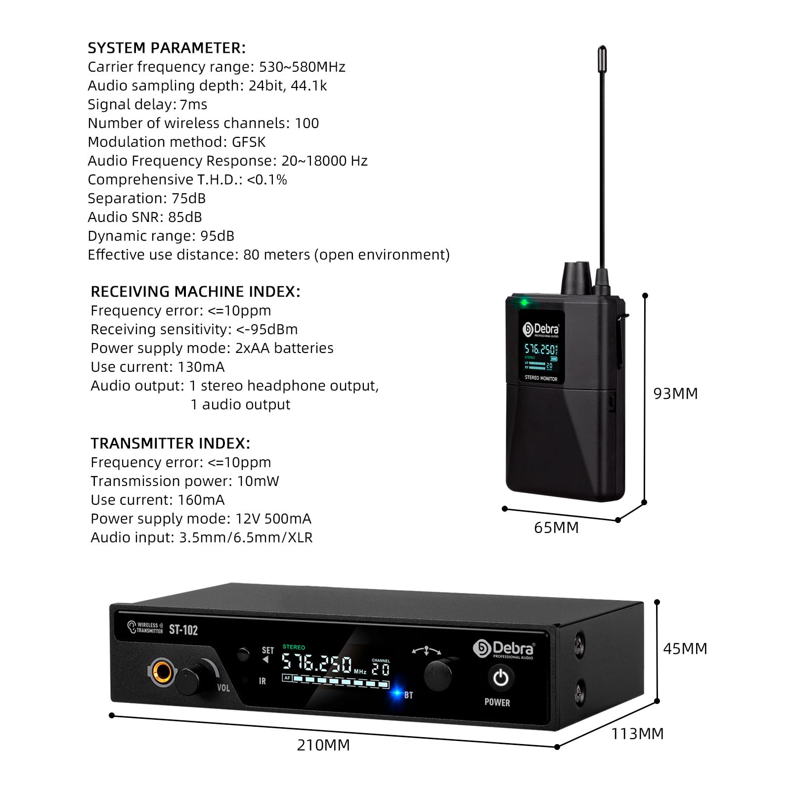 D Debra PRO ST-102 UHF Stereo Wireless in Ear Monitor System, Wireless IEM with Bodypacks and Headsets, Ideal for Stage Studio Speech (1 Bodypack with Transmitter (ER-102))