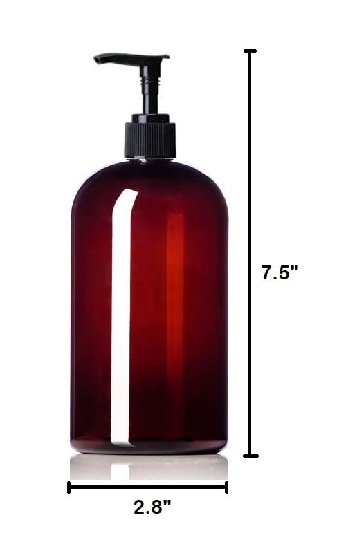 MountainLeaf 2 Pack 16 oz (475 ml) Boston Round Plastic PET Bottles with Black Lotion Pump Dispensers | Shampoo Lotion Soap DIY Bottles | Made in USA (Amber Bottle)