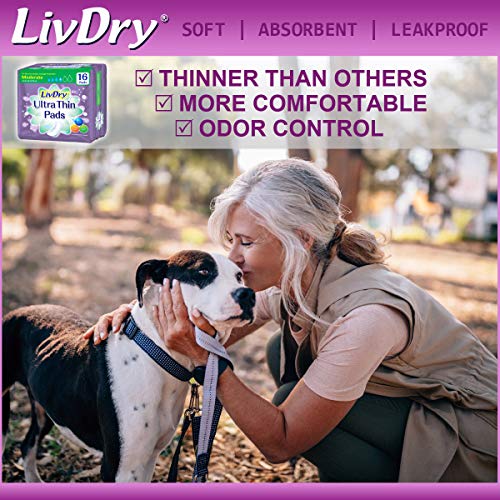 LivDry Incontinence Ultra Thin Pads for Women | Leak Protection and Odor Control | Extra Absorbent (Moderate 16-Count)