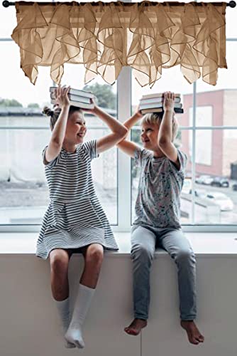 PearAge Ruffled Voile Semi Sheer Curtain Valance, Kitchen Living Room Shabby Chic Ruffle Valance Curtains, Girls Daughters Bedroom Cascade Window Valance Rust Brown 50x16 Inches